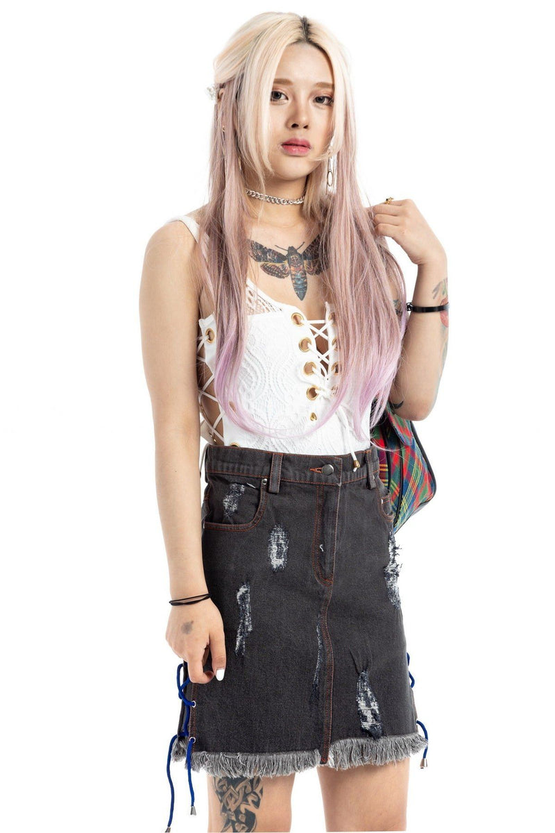Denim Skirt With Lace String | Scottish Kilt™